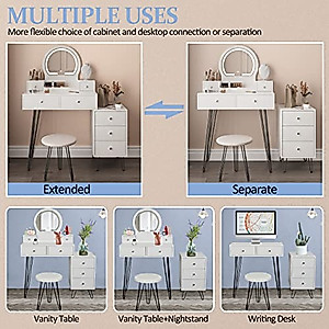 Fameill Makeup Vanity Desk with Lighted Mirror,White Vanity Table Set with Round Mirror,3 Color Touch Screen Dimming Mirror,7 Drawers Bedroom Dressing Table with Soft Cushioned Stool