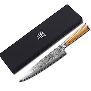 YOUSUNLONG Chef's Knife 10 Inch (25.5cm) Japanese Cleaver Damascus Steel Super Sharp - Italian Olive Wood Handle With Leather Sheath