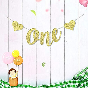 Morndew Gold Glitter One Banner and One Cake Toppers for Kids Birthday Party Baby Shower Wedding Party Bunting Decoration