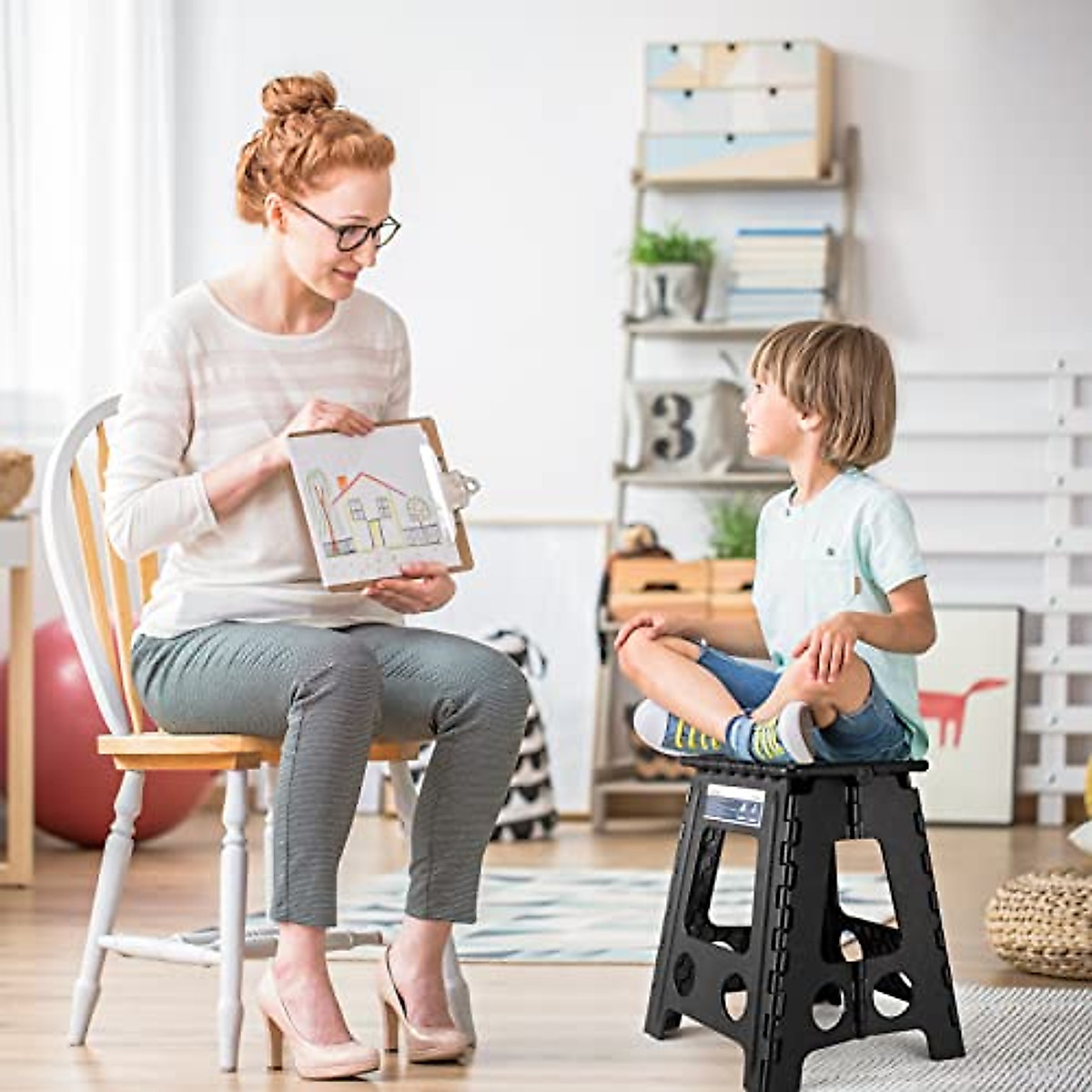ACSTEP Folding Step Stool 16 Inch Stool Heavy Duty Plastic Foldable Step Stools for Adults and Kids, Stepping Stool with Handle, Folding Stool Suitable for Kitchen Hold Up to 400lbs (Black 1PC)