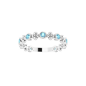 Solid 925 Sterling Silver Aquamarine Beaded Ring Band (Width = 3mm) - Size 6.5