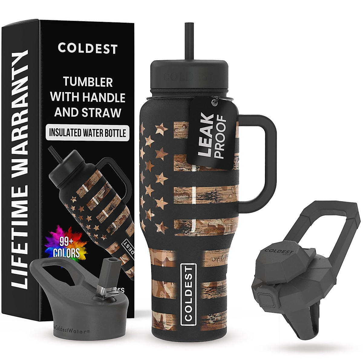 Coldest 40 oz Tumbler with Handle and Straw, 100% Leak Proof Insulated Tumbler with Lid and Straw (3 Lids), Stainless Steel Tumblers for Women & Men, Cup Holder Friendly, 36 oz (Camouflage Flag)