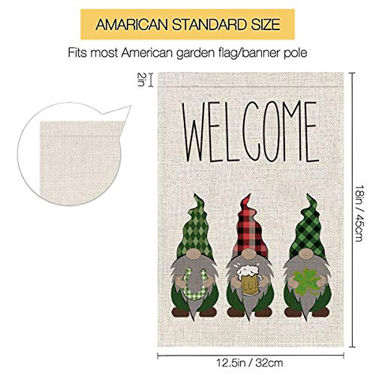 FUNNISM 2 PCS St Patrick Day Gnome Decoration Vertical Garden Flags,Double Sided Welcome Holiday Gnome Horseshoe Beer Shamrock Garden Burlap Banner,Garden,Porch,Patio,Yard Outdoor Decoration(12.5x18")