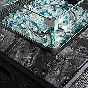 AJ Enjoy 24in Outdoor Propane Gas Fire Pit Table, 40,000 BTU Auto-Ignition Gas Firepit with Glass Wind Guard, Marble Tile Tabletop, Mixed Color Glass Rocks, Brown PE Rattan