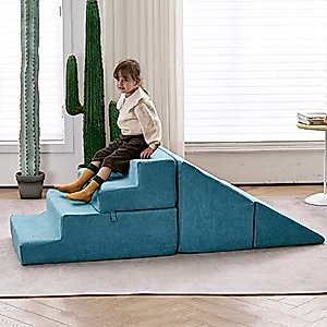 jela Toddlers Climbing Toys Indoor, Toddler Climbing Toys Indoor Playset, Safe Soft Foam Climbing Blocks with Slide Stairs, Climbing Toys for Toddlers Luxury Miss Fabric, Soft Couch Slide (Lightblue)