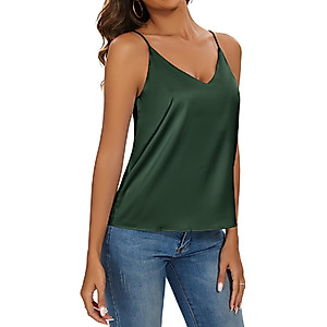Miqieer Basic Women's Silk Tank Top Ladies V-Neck Camisole Silky Loose Sleeveless Blouse Satin Tank Shirt(DarkGreen,M)