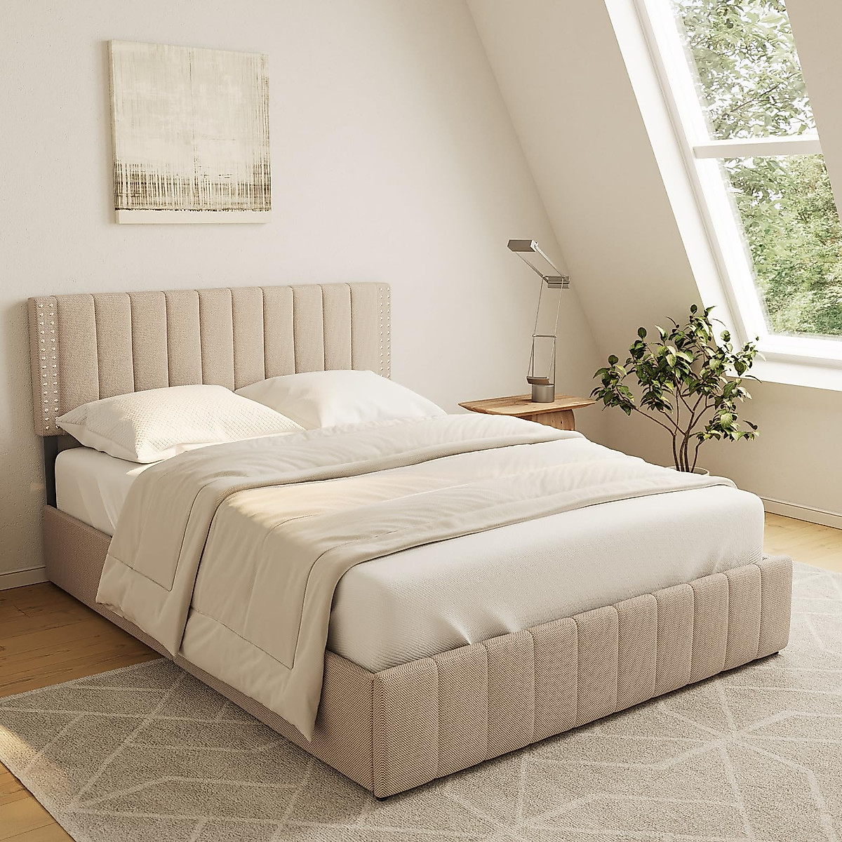 Gizoon Upholstered Queen Bed Frame with 4 Storage Drawers, Headboard Adjustable, Noise Free, Wooden Slats Support, Fits 6” to 12” Mattress, No Box Spring Needed