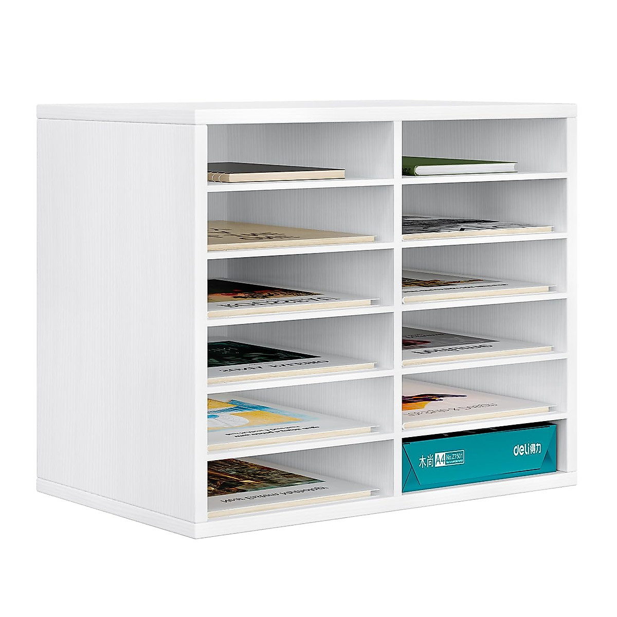 PAG Countertop Mail Sorter Organizer, Wooden Literature Organizer, Student Mailbox for Classroom, Desktop Bill Organizer for Office Home School, 12 Compartments, White