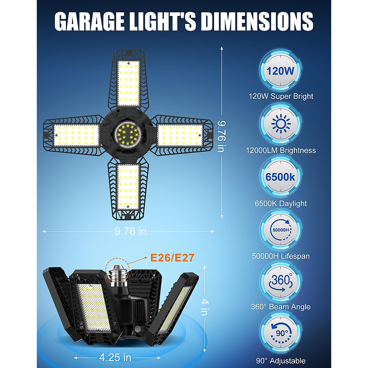 HAPYLUMI 120W LED Garage Light - 12000LM Garage Lights Ceiling Led with 4 Adjustable Panel Garage LED Lighting Screw in E26/E27 Bulb Socket 6500K LED Shop Light for Garage Basement Attic Barn