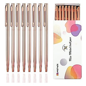 MSTOKIN Metallic Rose Gold Pens Cool Fancy Pens for Women & Men Journling Cute Pen Set Luxury Nice Pretty Pens with Gift Box (8-Pack rose gold Metal Thin Pens)