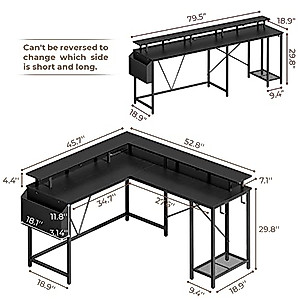 PRAISUN L Shaped Computer Desk with Power Outlets & LED Lights, Corner Gaming Desk with Fabric Storage Bag, Monitor Shelves, Home Office Desk with Hooks, Host Shelf, L Shape Gaming Desk, Black