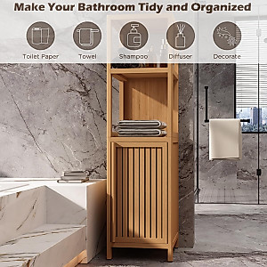 VISTACASA Natural Bamboo Towel Storage Cabinet, 4-Shelf Tall Bathroom Cabinet with Door and Bathroom Towel Shelf,Narrow Linen Tower for Bathroom, Kitchen, Living Room, Hallway,Dining Room