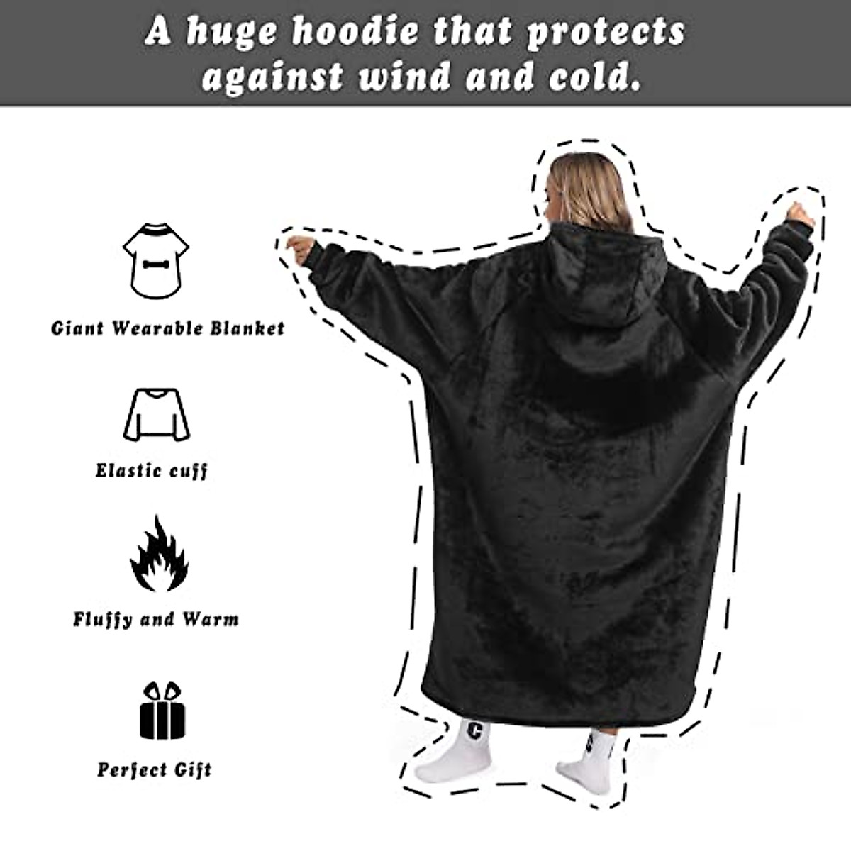 Oversized Wearable Blanket Hoodie for Women Men, Warm and Comfortable Sweatshirt Blanket, Super Cozy Flannel Blanket with Sleeves and Giant Pockets, One Size Fits All(Black)