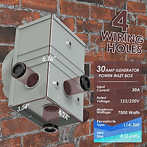 CircleCord 4 Prong 25 Feet 30 Amp Generator Extension Cord and Inlet Box with Locking Connector, Heavy Duty NEMA L14-30P/L14-30R, 125/250V 7500W 10 Gauge SJTW Generator to House Power Cord