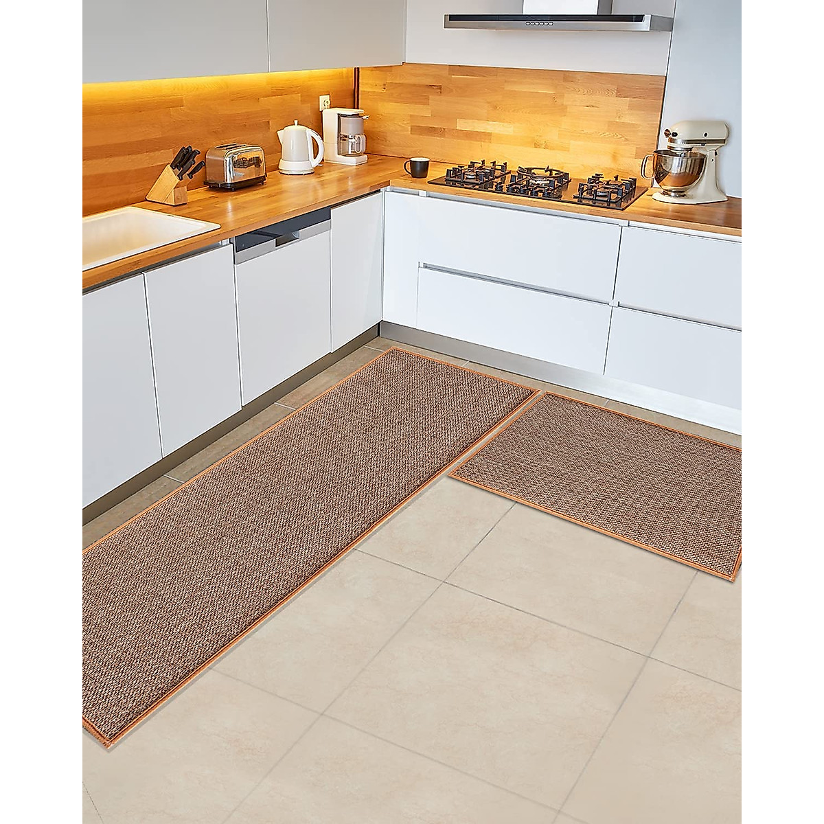 JMZNBF Twill Kitchen MAT Rugs and Mats Non Skid Washable Sets of 2 Floor for in Front Sink Heavy Duty Standing Countertop Fridge(Oats), 17*30+17*48