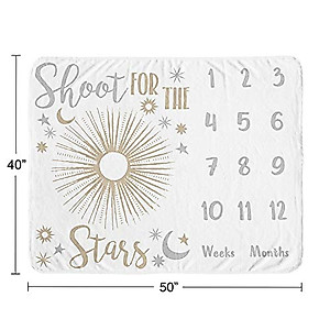 Sweet Jojo Designs Star and Moon Girl Milestone Blanket Monthly Newborn First Year Growth Mat Baby Shower Memory Keepsake Gift Picture - Gold and Grey Celestial Shoot for The Stars Space