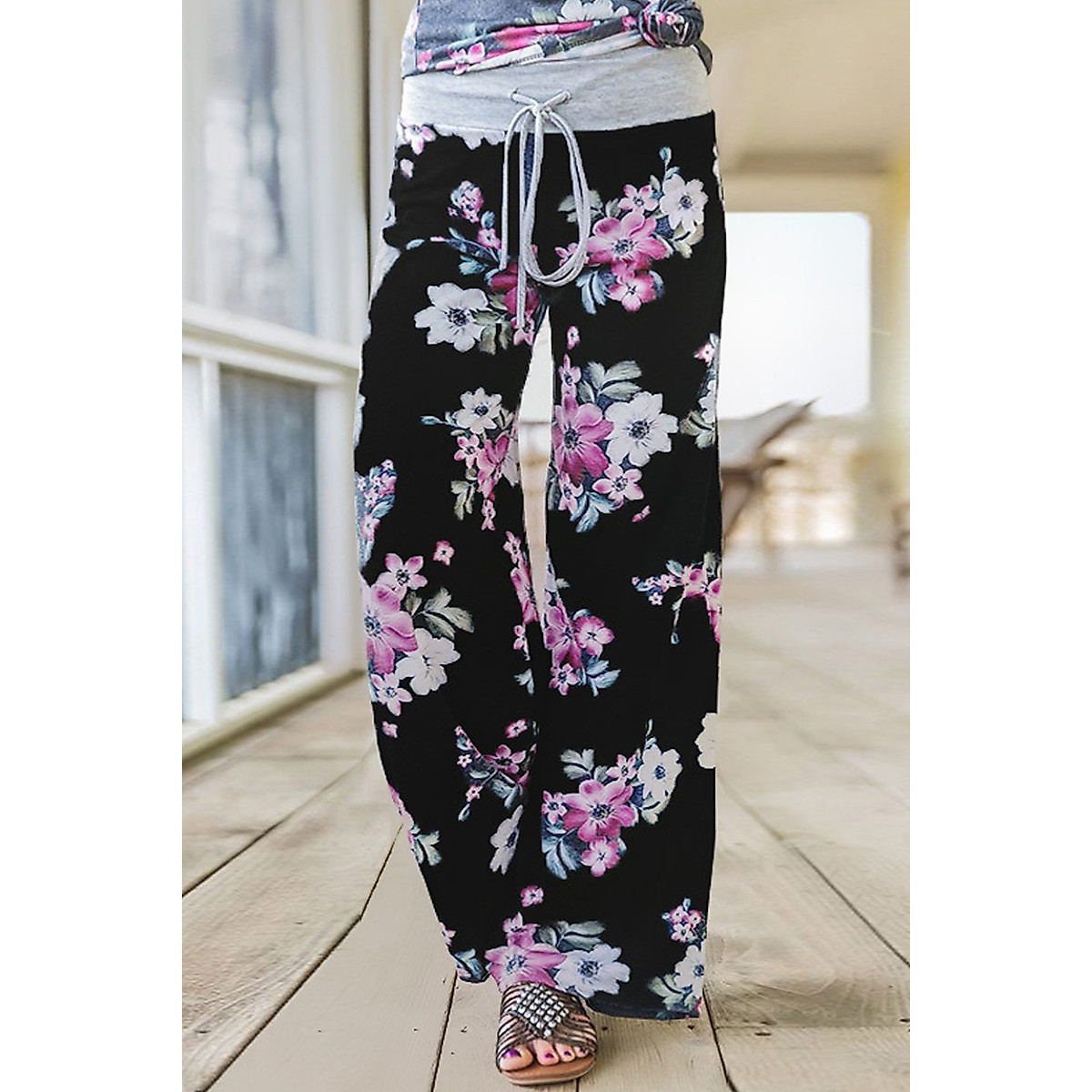 AMiERY Women's Casual Pajama Pants Lounge High Waisted Wide Leg Comfy Drawstring Floral Print Palazzo Pj Bottoms Pants Black XL