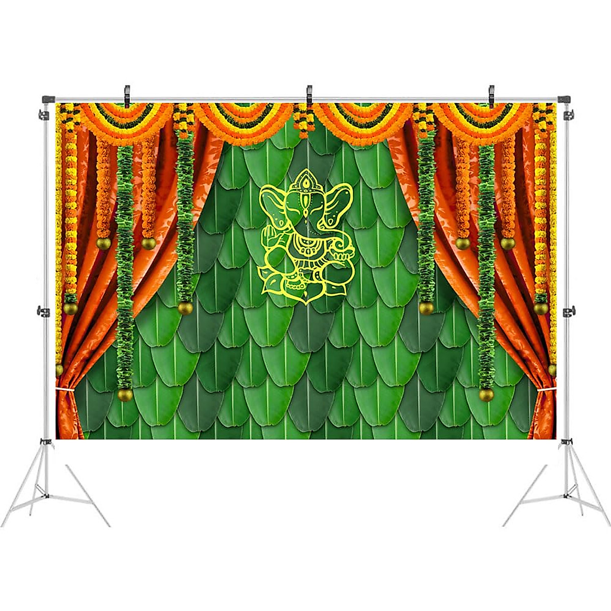 Ticuenicoa 10x7ft India Pooja Traditional Photography Backdrop Banana Leaf Green Chatiya Ganesh Background Puja Ganpati Pooja Mehndi backdrops Decorations Wedding Party Marigold Garlands Photo Props