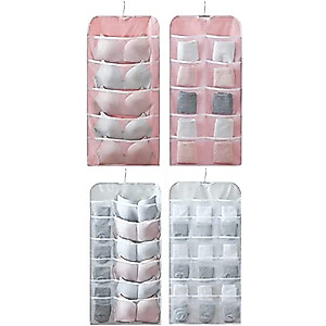 2 PCS Bra Hanging Bag, Cloth Dual Sided Wall Shelf Wardrobe Space Saver Bag for Underwear Bra Socks Storage Hanging Bags,with Mesh Pockets & Rotating Metal Hanger, Pink(5+10 Grids)&Gray(12+18 Grids)