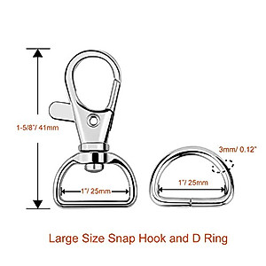 PAXCOO 60Pcs Swivel Snap Hooks and D Rings for Lanyard and Sewing Projects (1” Inside Width)