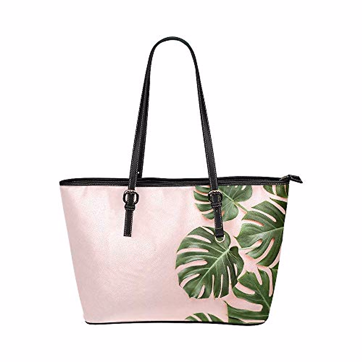 InterestPrint Hawaiian Tropical Leaves Monstera on Pink Women's Leather Handbags Ladies Shoulder Bag Tote Bags