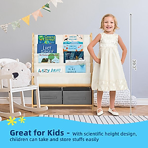 OOOK Solid Wood Kids Bookshelf, 27.6" L x 11" W x 34" H Toddler Montessori Bookshelf Equipped with 4 Sling Bookshelf, 2 Toy Organizer Shelves and Storage Boxes, Nice Book Shelf for Kids Rooms, Nursery