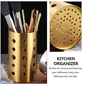 NERDOH Stainless Steel Kitchen Utensil Holder Chopstick Cutlery Holder Stand Spoon Fork Organizer Drying Rack Caddy Basket for Tableware Cooking Utensils Gold