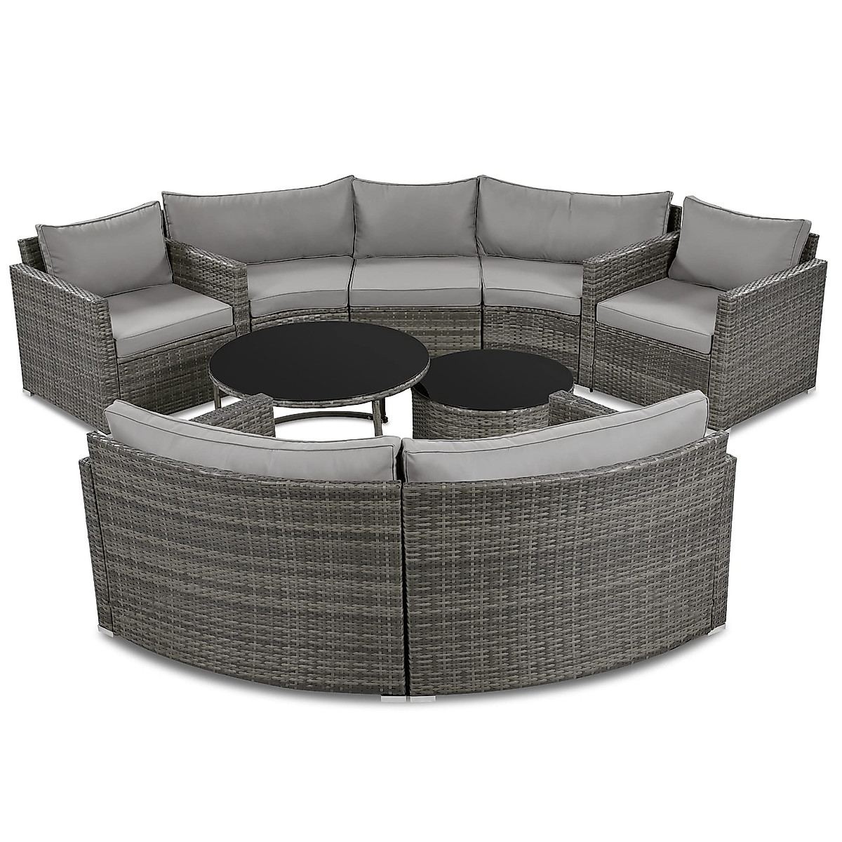 Bellemave 9-Piece Patio Sectional Set Half-Moon Sofa Set Gray Wicker Curved Outdoor Sofa with Gray Cushions & Nesting Coffee Table, All-Weather PE Wicker Semi-Circular Couch