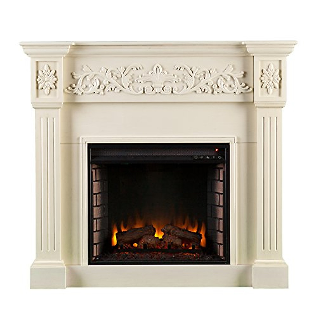 SEI Furniture Calvert Electric Carved Floral Trim Fireplace, Ivory (FA9279E)