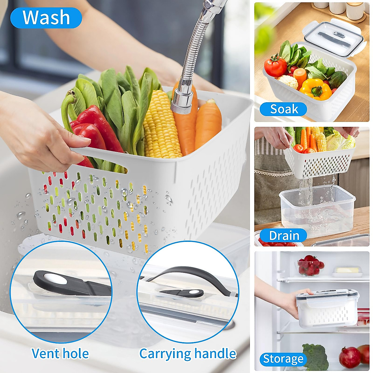 4 Pack Fruit Storage Containers for Fridge with Removable Colanders, Produce Storage Containers for Fridge, Airtight Food Storage Containers for Berry Fruit Vegetable Meat Keeper Fresh (with handle)