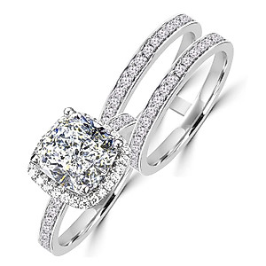 Diamonbella 101 Facets 2 Carat Princess Cushion Cut NSCD Simulated Diamond Ring Double Band Set 925 Silver Platinum Plated Halo (7)