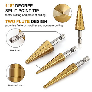 Step Drill Bit Set, 3PCS HSS Titanium Coated High Speed Steel Step Bits Covering 28 Sizes (1/8"-3/4") for Wood, Plastic, Sheet Metal with Portable Bag, Nice Gift for DIY Lovers