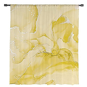 Chiffon Sheer Curtains & Drapes 45 Inch Long, Lightweight Breathable Voile Window Curtain Panels Yellow Marble with Gold Silver Glitter Splatter Curtains Backdrop Drapes for Bedroom Livingroom Wedding
