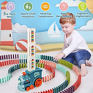Noaideoi Domino Train Toy Set for Kids, 100 Pcs Automatic Dominoes Blocks Building and Stacking Toys Creative Kids Games Early Education Christmas Birthday Gift Boys Girls Age 3-12(Cyan)