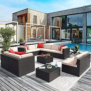 Greesum Patio Furniture Sets 12-Pieces Outdoor PE Rattan Sectional Sofa with Thickened Cushions and Glass Coffee Table, Beige