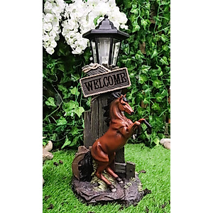 Ebros Large Rustic Country Western Rearing Chestnut Horse by Farm Outpost with Welcome Sign Statue Equipped with Solar LED Lantern Light Stallion Horses Decor Figurine for Patio Poolside Garden Home