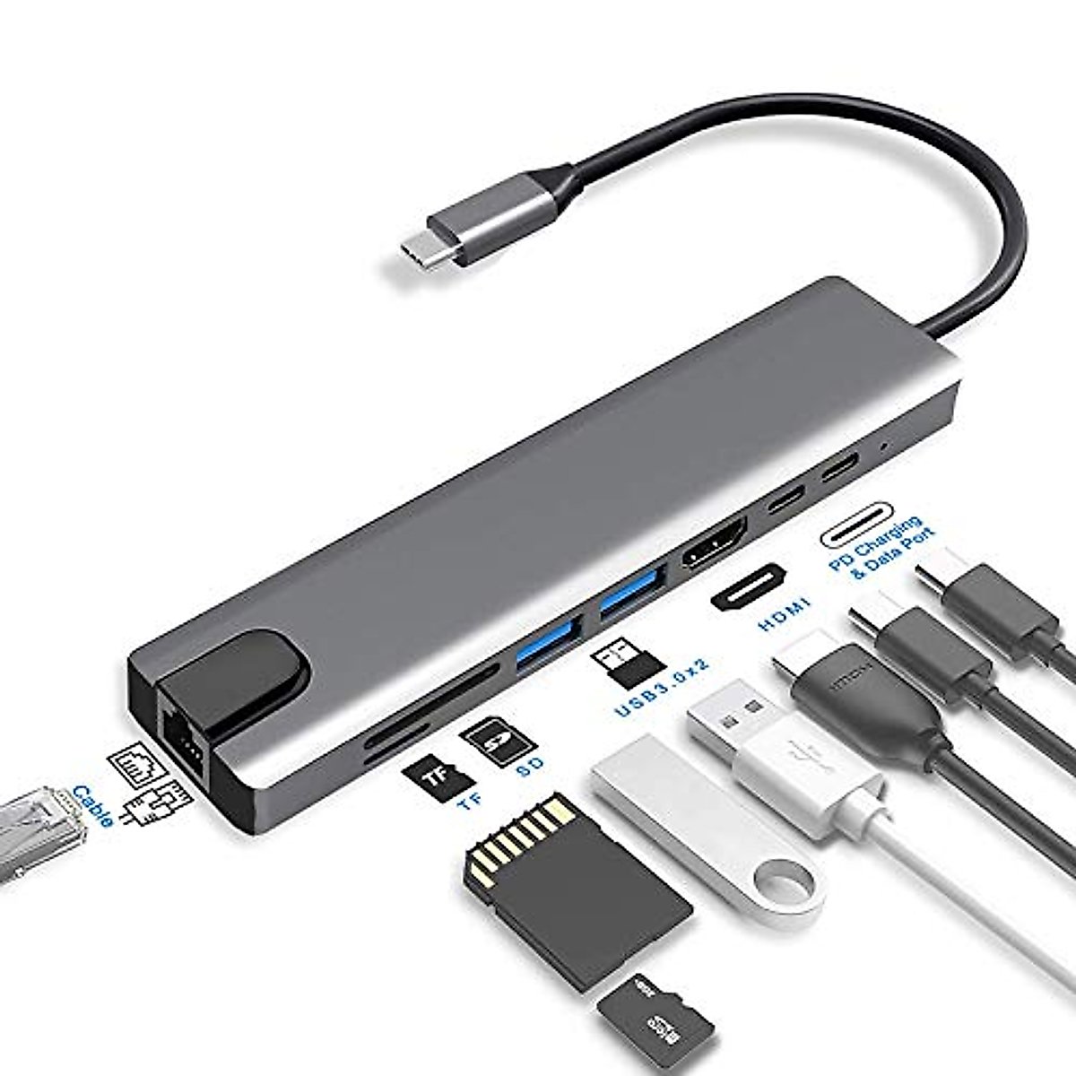 ANDROSET 8 in1 USB C to Type C USB 3.0 Hub 4K HDMI Ethernet Micro SD/TF Card Adapter Dock