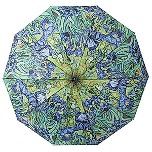RainCaper Reverse Inverted (inside-out) Windproof van Gogh Irises Designer Print Reverse-opening Upside Down Umbrella with C-shaped Handsfree Handle