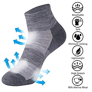 RTZAT 90% Merino Wool Ankle Men's Women's Athletic Business Casual Running Moisture Wicking Everyday Thin Wool Socks, Medium, Ash Grey, 3 Pairs