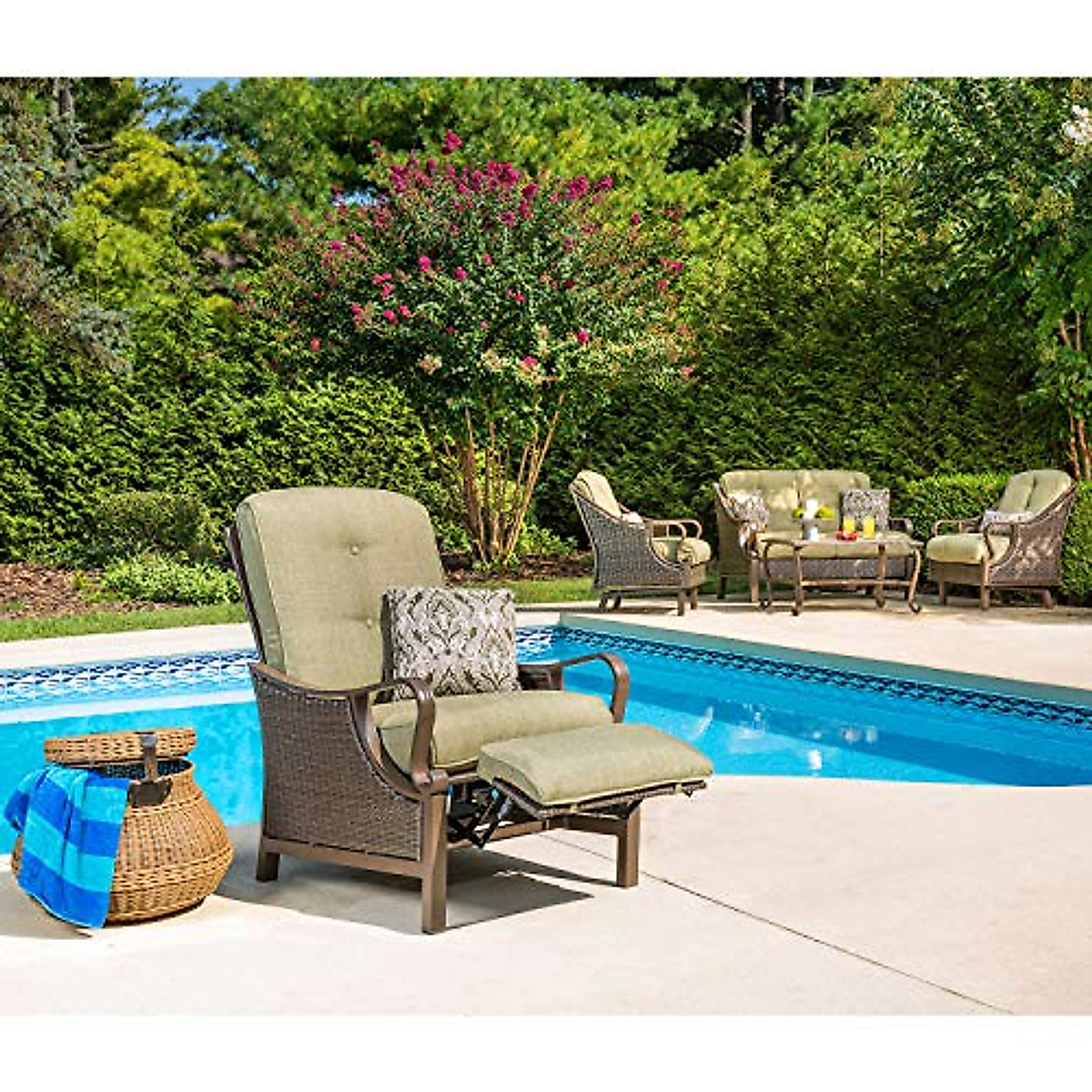 Hanover Ventura Steel Outdoor Patio Woven Luxury Recliner with Brown Wicker, Vintage Meadow Green Cushions and Pillow