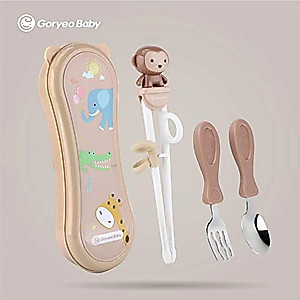Goryeo Baby Toddler Utensils Stainless Steel Kids Silverware Set with Kids Training Chopsticks and Baby Spoon and Fork for Self Feeding Learning with Case (3PCS)(Brown)