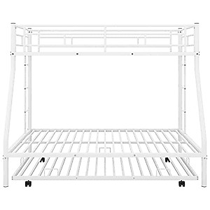 Tulib Twin Over Full Metal Bunk Bed with Sturdy Steel Frame, Bunkbed with Twin Size Trundle, Two-Side Ladders, No Spring Box Required, White