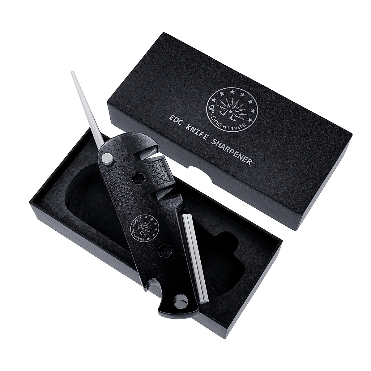 Off-Grid Knives - EDC Knife Sharpener, Compact 5-In-1 Sharpening Tool for Hunting, Camping, Fishing, Bug Out Bag, Tool Box, Kitchen Knives and Sharpen Fishing Hooks (Black)