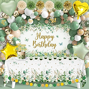 Sage Green Birthday Party Decoration Green Birthday Party Supplies for Boys Girls Happy Birthday Backdrop Tablecloth Balloon Arch Butterfly Stickers for Women Adult Birthday Decor Neutral Baby Shower
