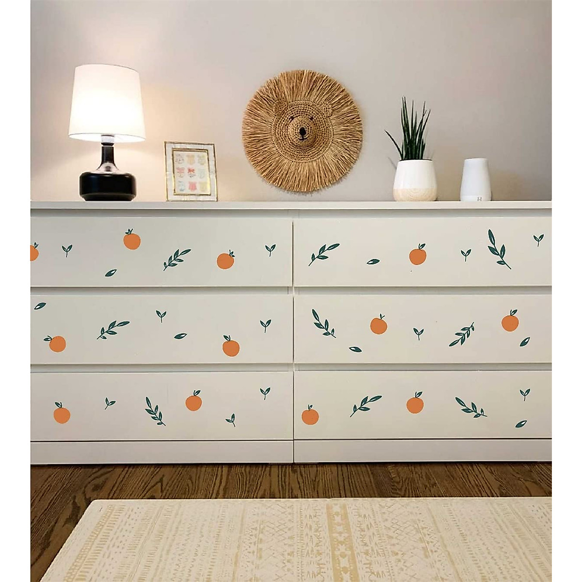 IKEYU Tangerines Green Leaves Wall Decals Boho Wall Decal Stickers Fruit Orange Wall Decal Kitchen Plant Leaf Wall Stickers for Nursery Bedroom Bathroom Kids Room Decor