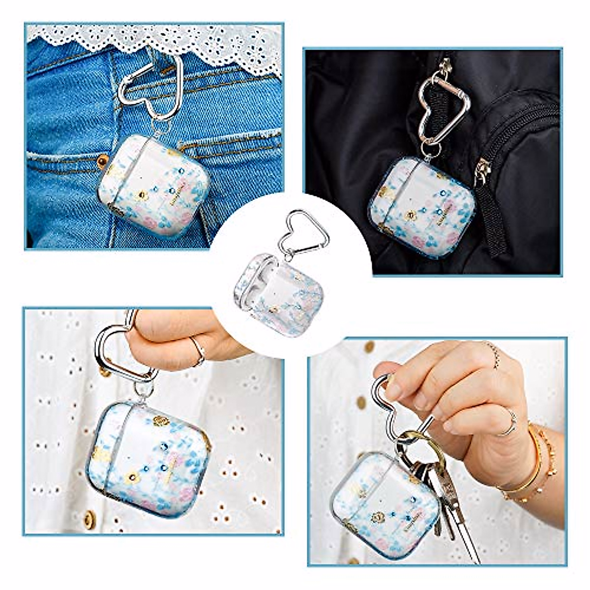 KINGXBAR Queenxbar Airpods Case Cover, Clear Hard PC Airpods Cover Sparkle Crystals with AirPods Strap/Ear Hook/Watch Band Holder/Heart-Shaped Carabiner for Airpods 1 & 2(Front LED Visible)