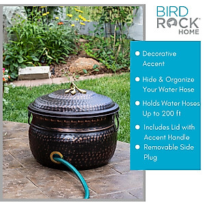 BIRDROCK HOME Decorative Water Hose Holder with Lid | Holds 200ft Hoses | Distressed Bronze | Ground Garden Hose Pot | Handle | Embossed | Steel Metal with Copper Accents | Outdoor or Indoor Use