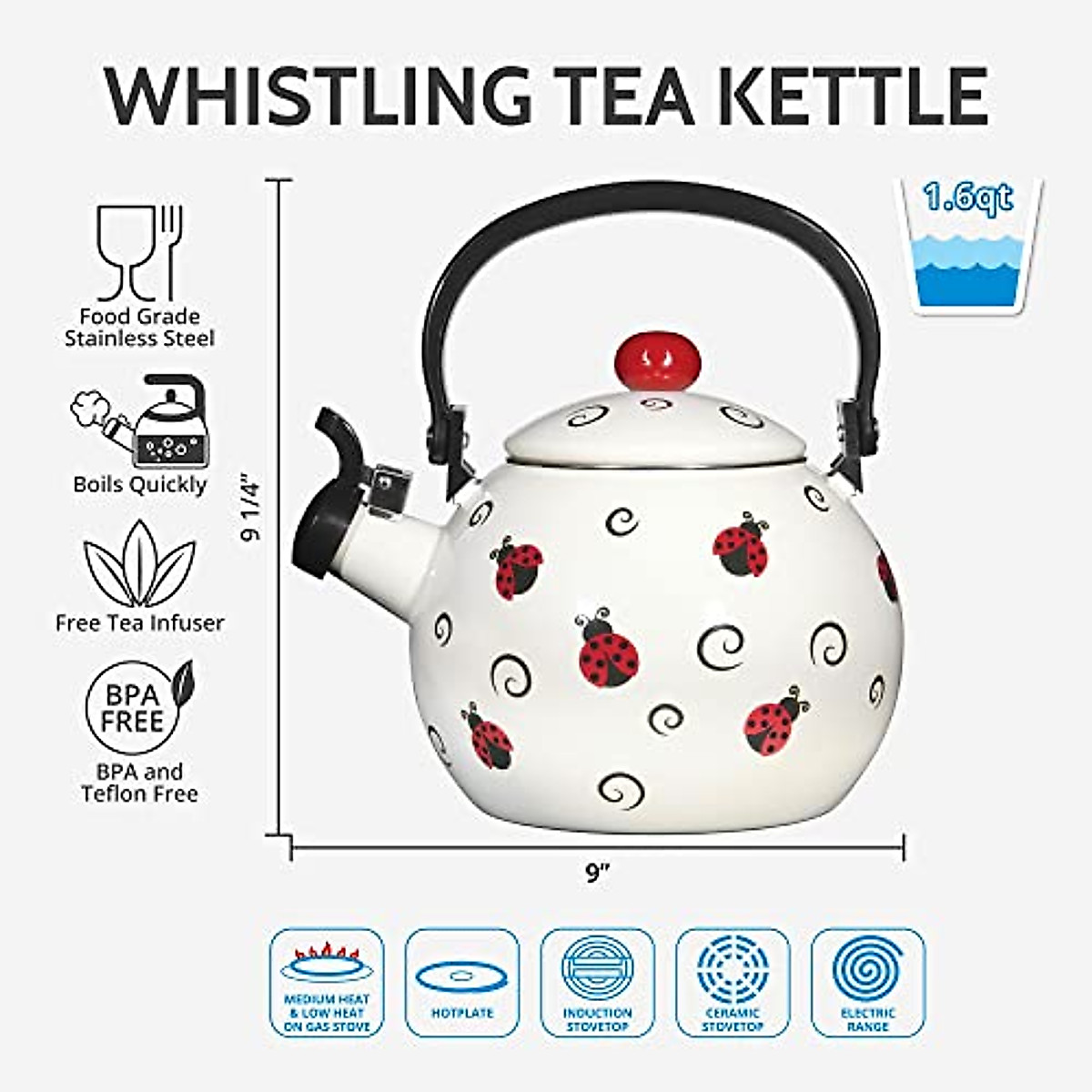 Whistling Tea Kettle for Stove Top Enamel on Steel Teakettle, Supreme Housewares Ladybug Design Teapot Water Kettle Cute Kitchen Accessories Teteras (1.6 Quart, Ladybug)