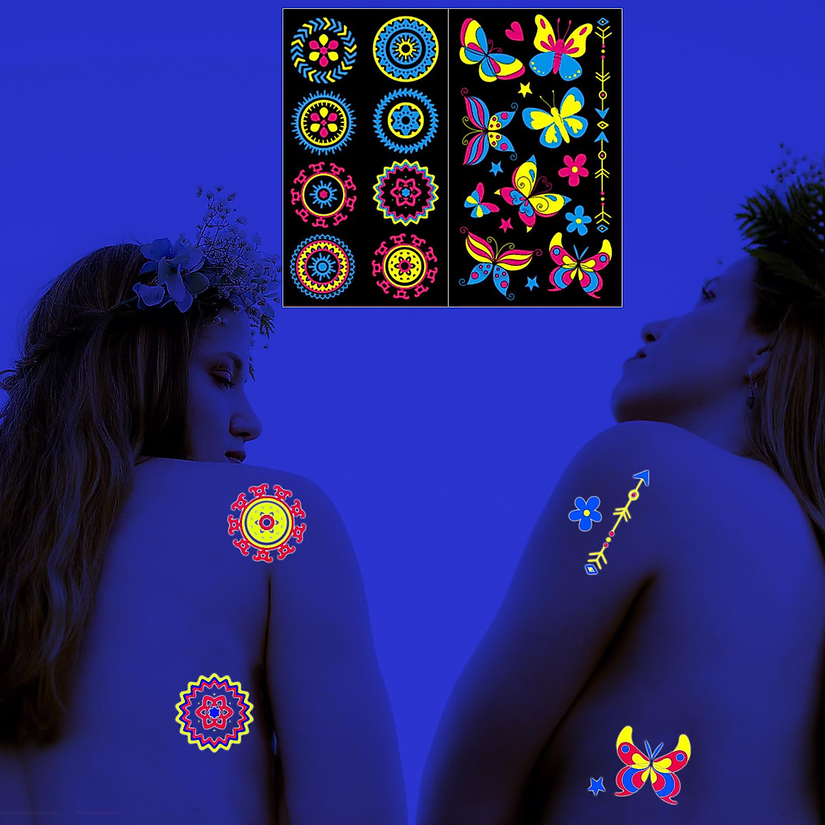 Glow in The Dark Temporary Tattoos 20 Sheets UV Neon Blacklight Tattoos, Body Face Paint Fake Glow Party Supplies Tattoos Stickers for Aldult Women Men Teen Girl