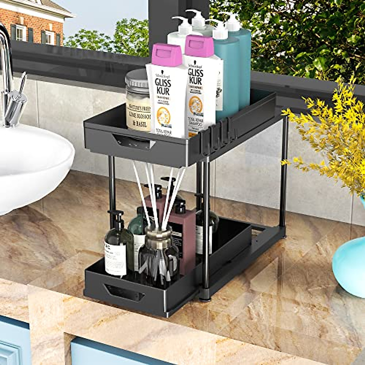 JWQ Under Sink Organizers and Storage 2 Pack, Pull-out Large Capacity Under Bathroom and Kitchen Cabinet Storage Drawer Organizer with Hooks, Multi-purpose Under Sink Shelf Organizer, Black